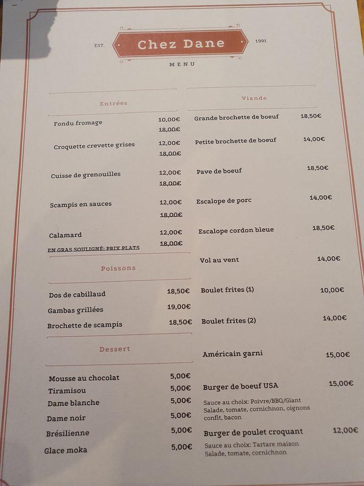 Menu au Restaurant "Chez Dane" - (ex Friterie En Bois), Herstal, Rue En ...