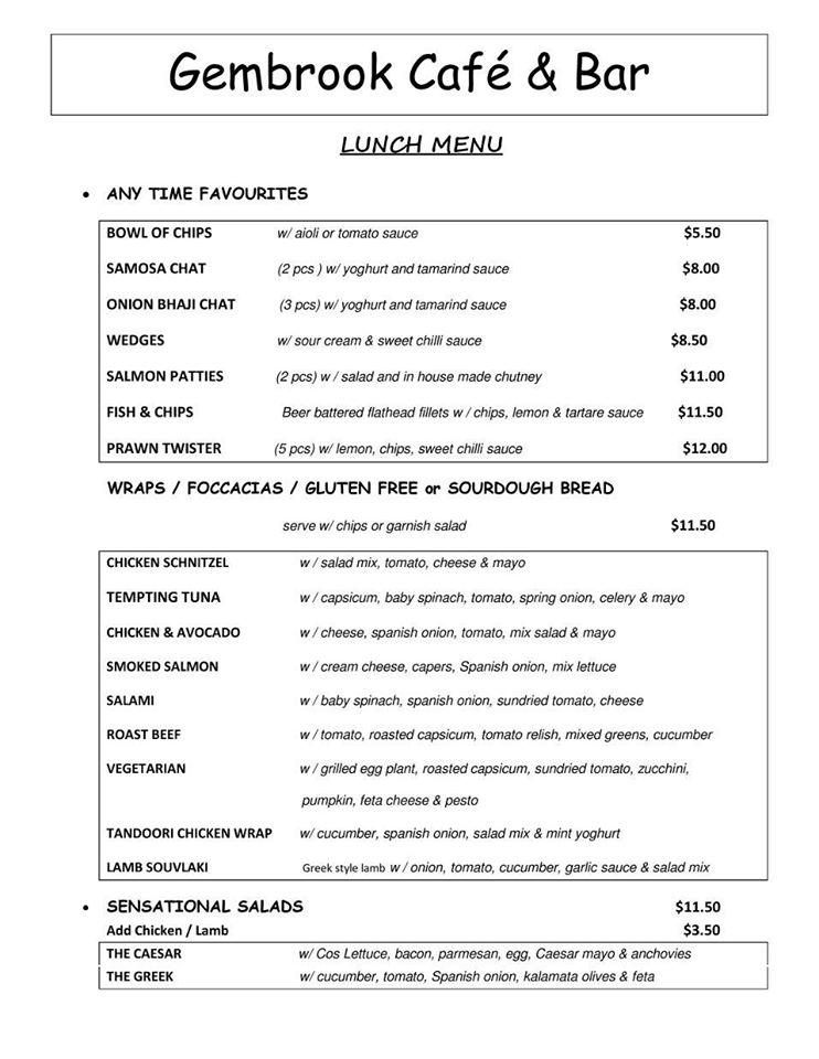 Menu at Gembrook Cafe, Gembrook