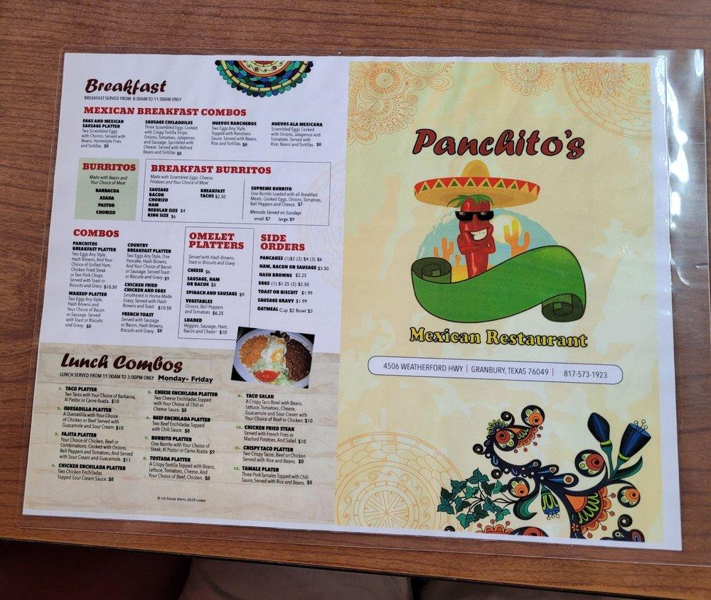 Menu at Panchito's Mexican Restaurant, Granbury