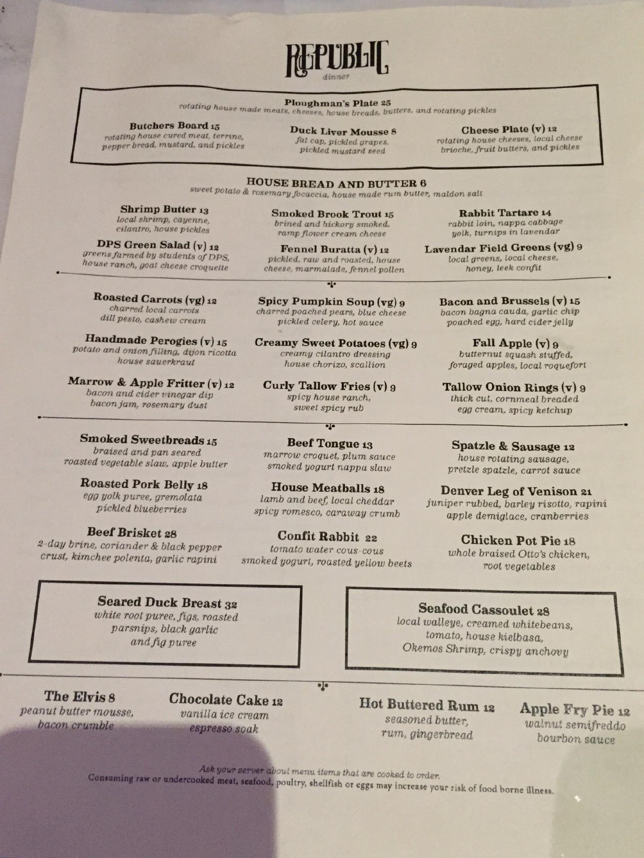 Menu at Republic Tavern, Detroit, Grand River Ave