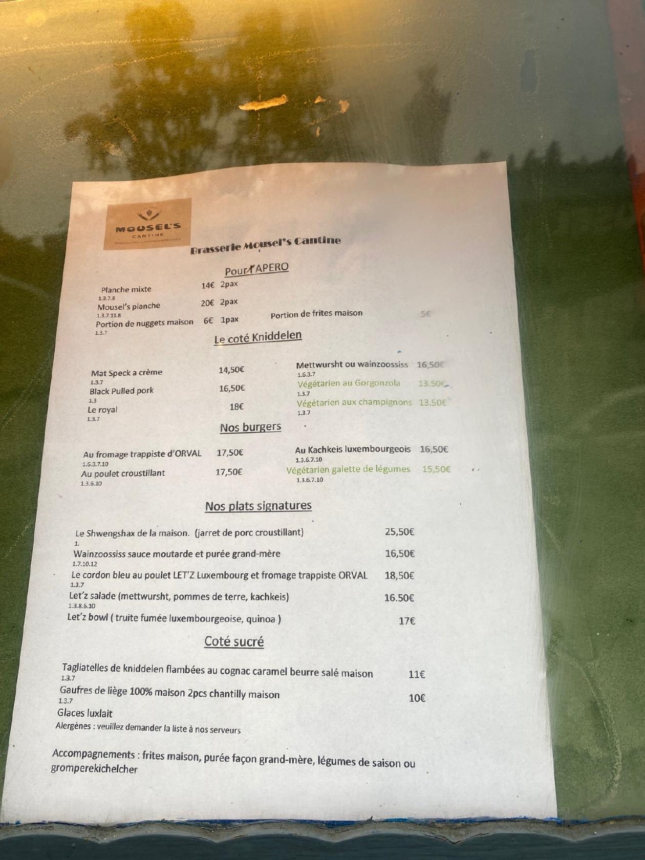 Menu at Restaurant Mousel's Cantine Sàrl, Luxembourg City