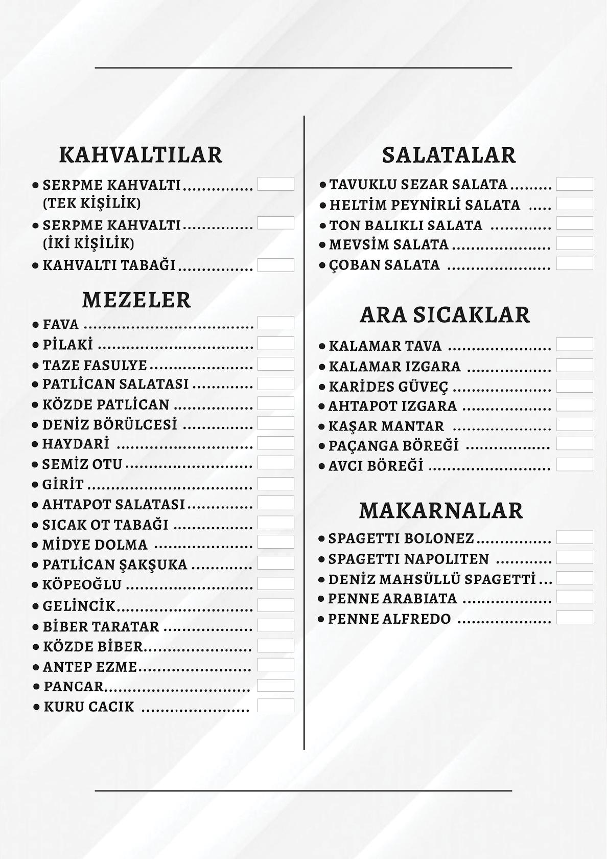 Carta de Select Assos - Et Balık Restaurant, Turquía