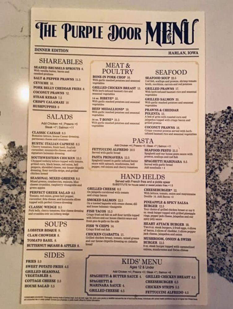 Menu at The Purple Door restaurant, Harlan