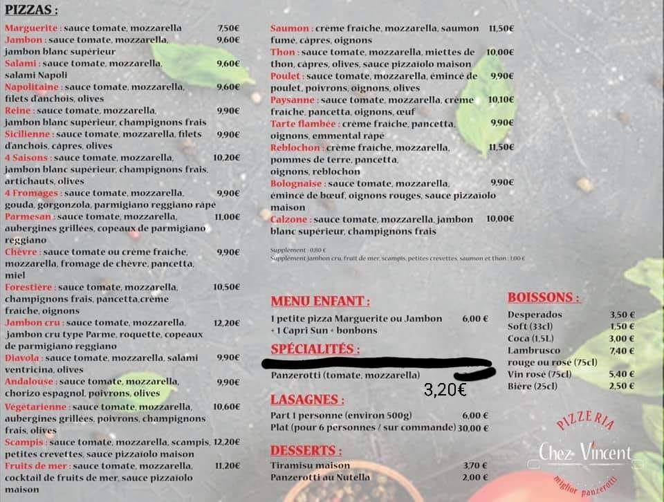 Menu au Chez Vincent restaurant, Hayange
