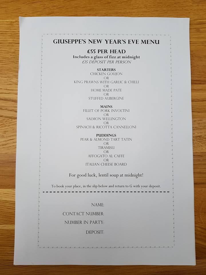 Menu at Giuseppe's restaurant, Stroud