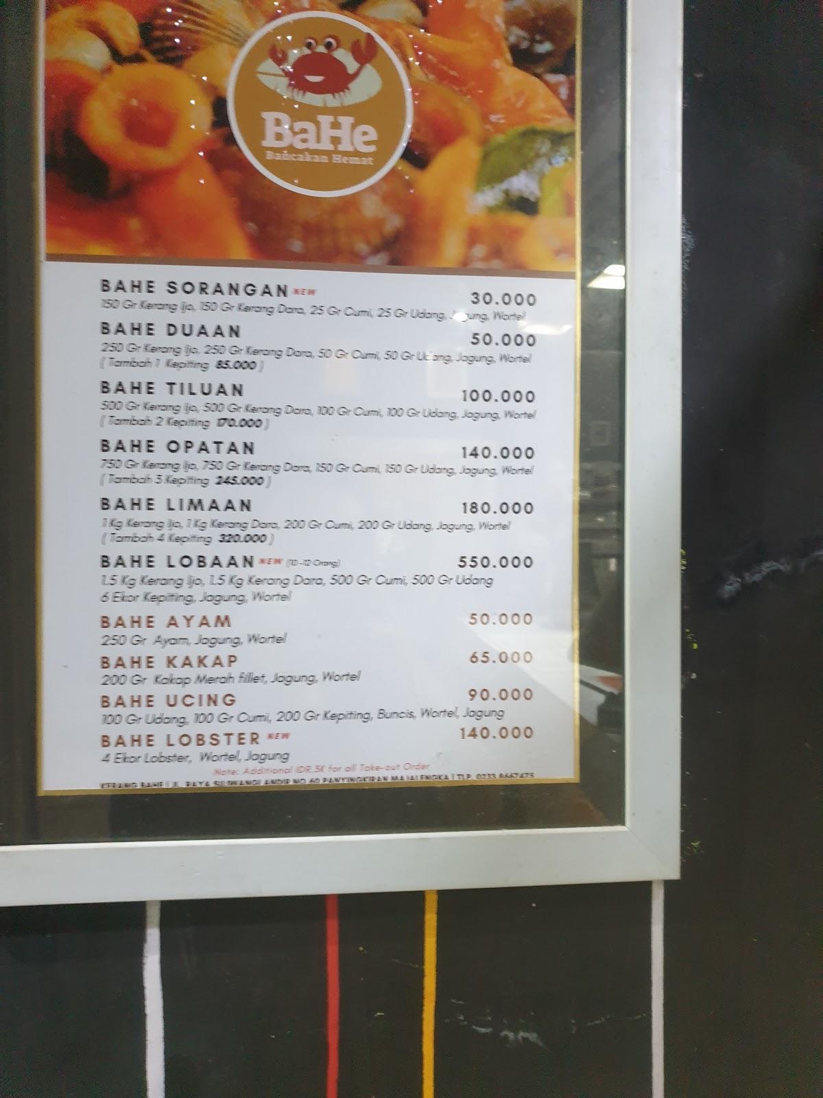 Menu at Kerang BaHe restaurant, Majalengka