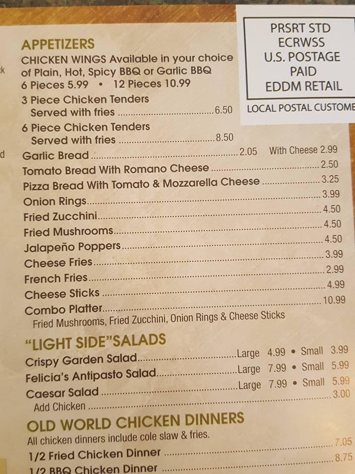 Menu at The Original Old World Pizza pizzeria, Elmwood Park