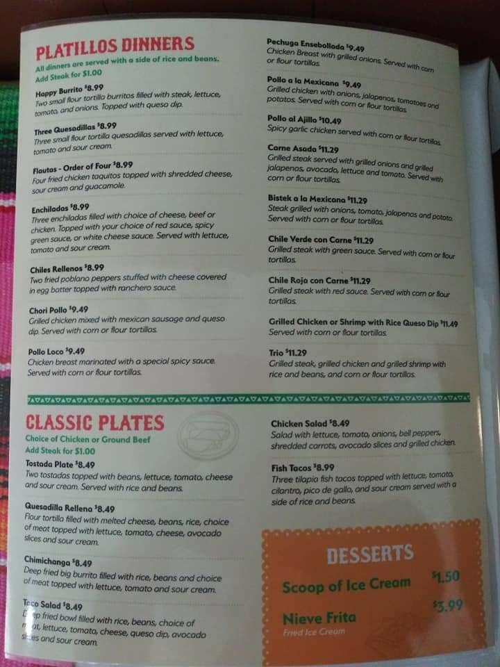 Menu at Puebla Mexican Restaurant, West Liberty