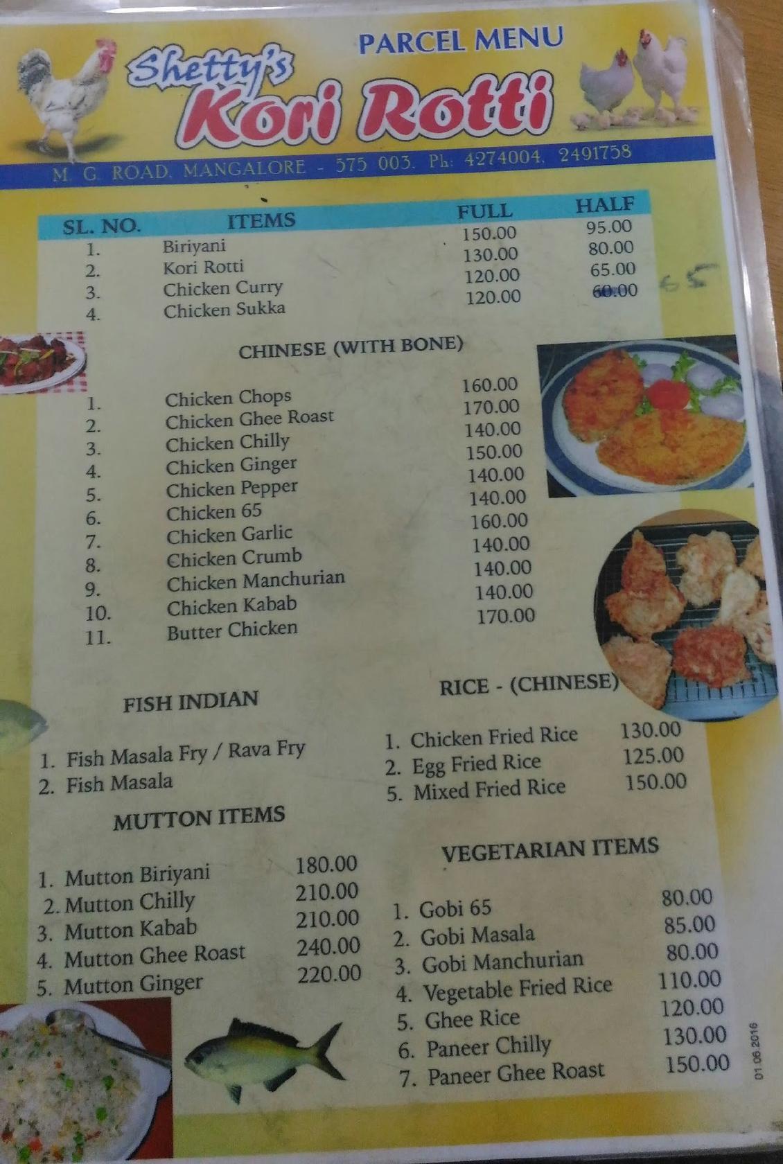 Menu at Shetty's Kori Rotti, Mangaluru