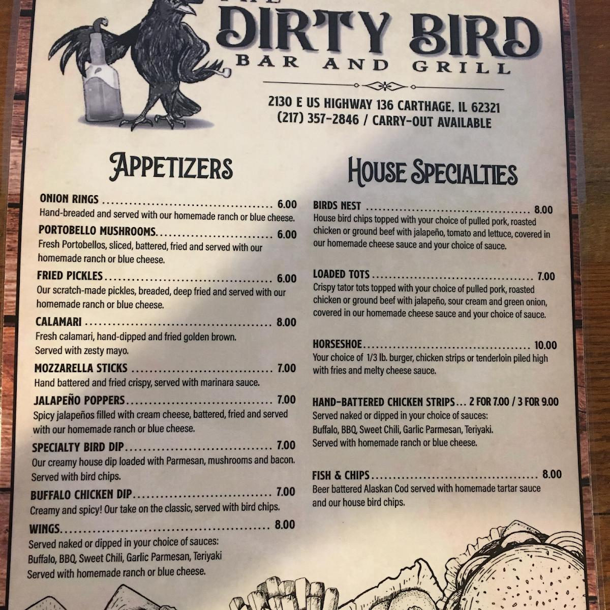 Menu at The Dirty Bird Bar and Grill, Carthage
