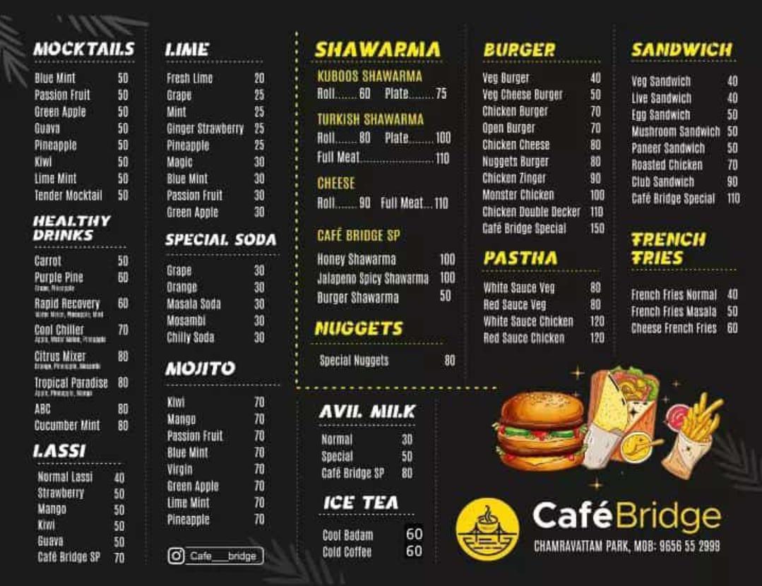 Menu at Cafe bridge, Chamravattom