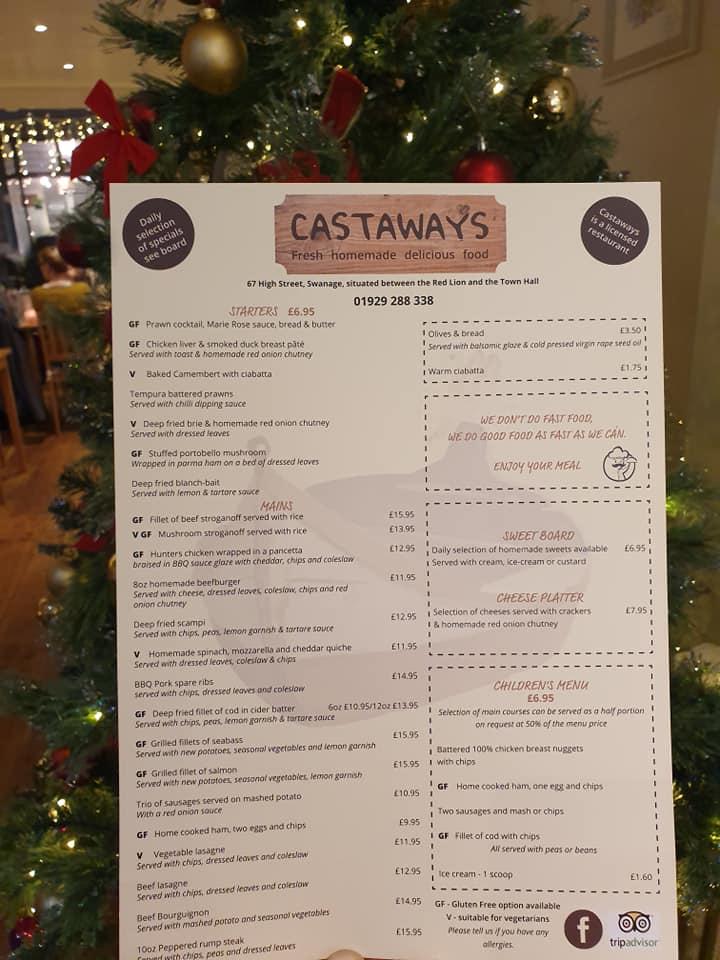 Menu at Castaways restaurant, Swanage