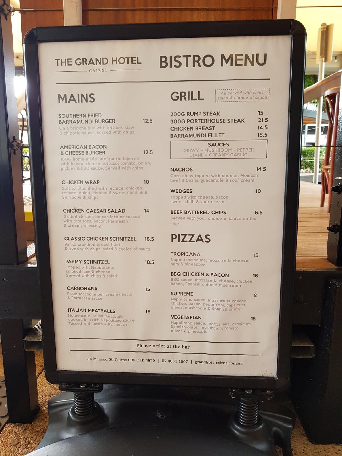 Menu at Grand Hotel pub & bar, Cairns