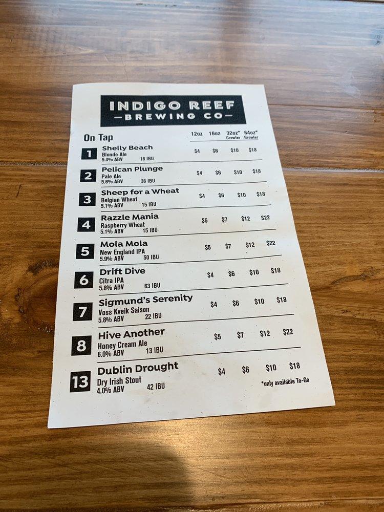 Menu at Indigo Reef Brewing Company, Charleston
