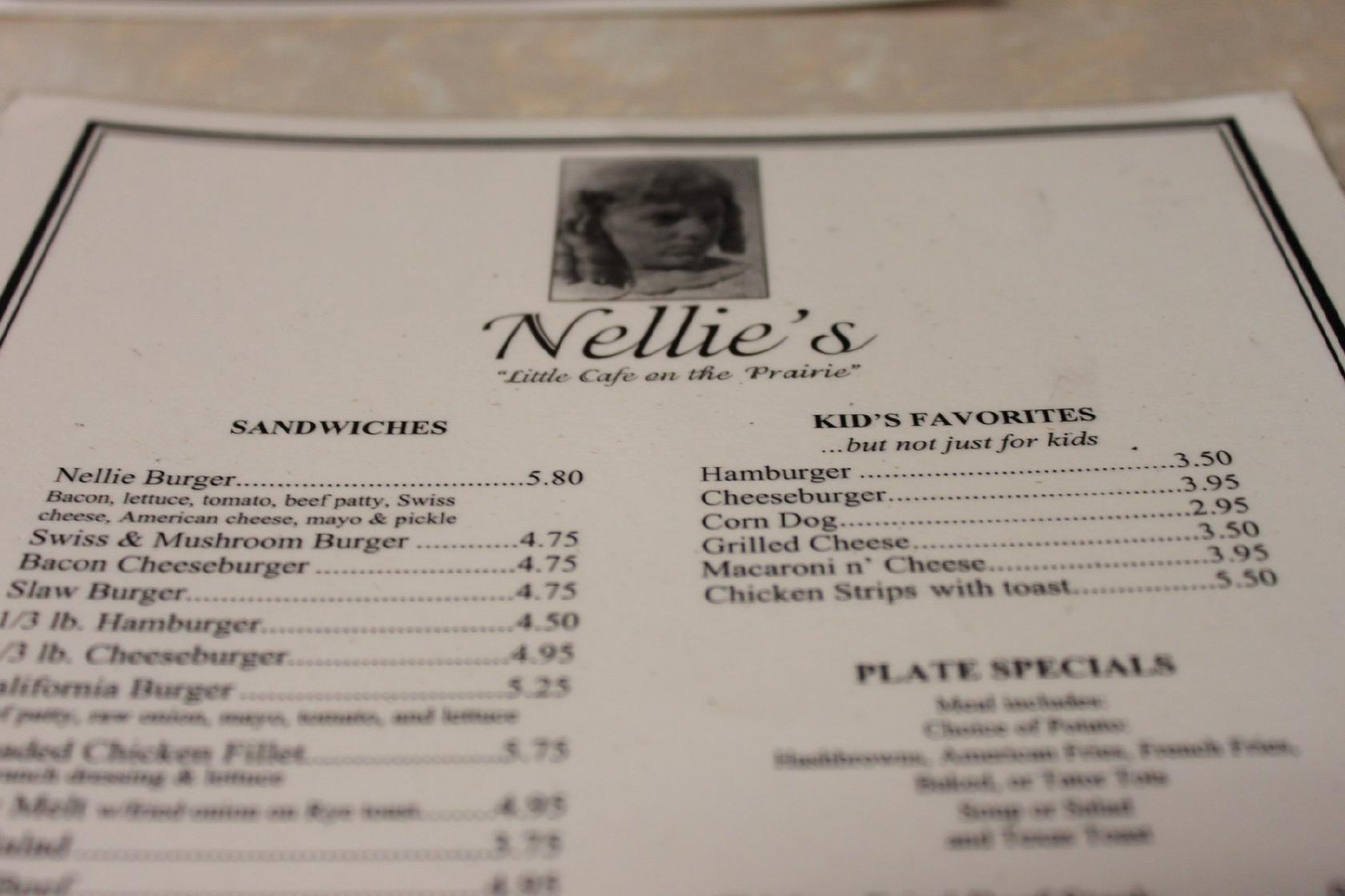 Menu at Nellie's Cafe, Walnut Grove