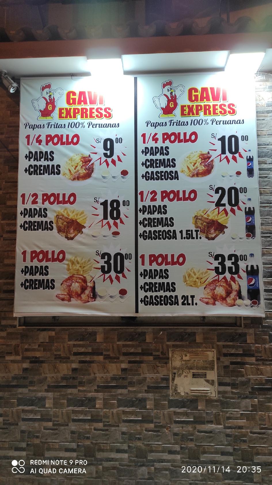 Carta del restaurante Pollería El Gavilán Velasco, Villa el Salvador