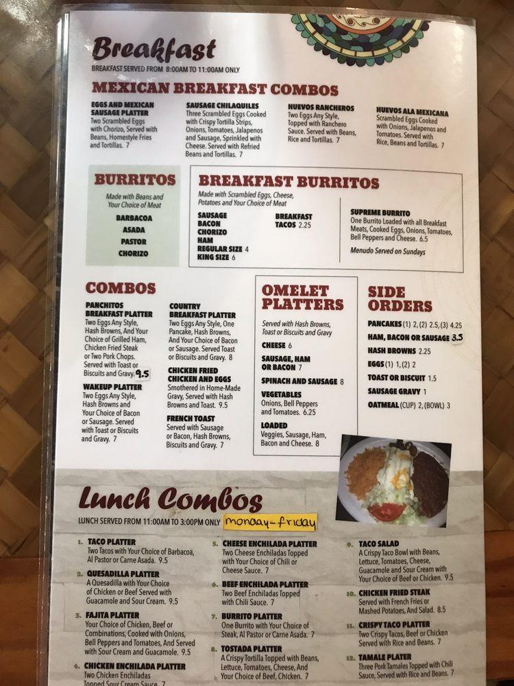 Menu at Panchito's Mexican Restaurant, Granbury