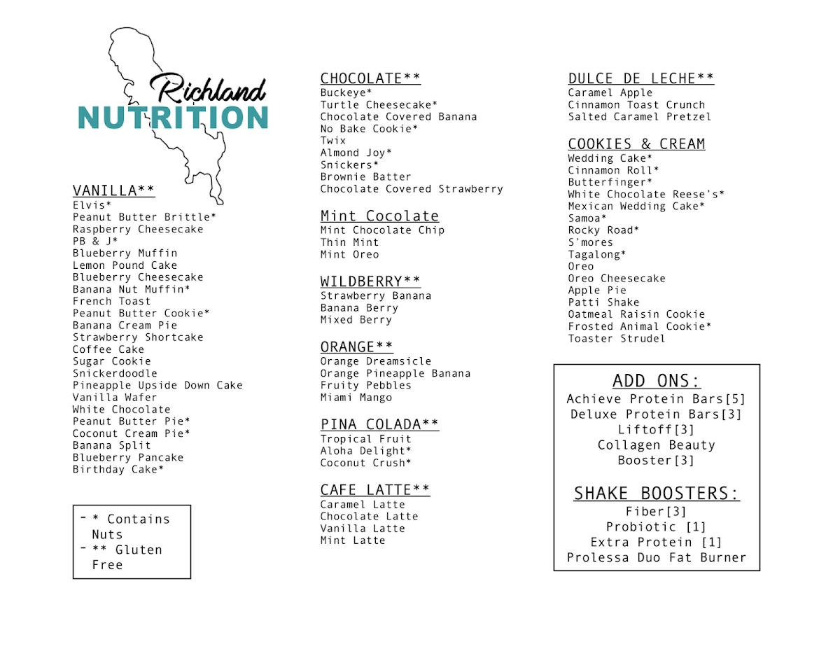 Menu at Richland Nutrition cafe, Richland