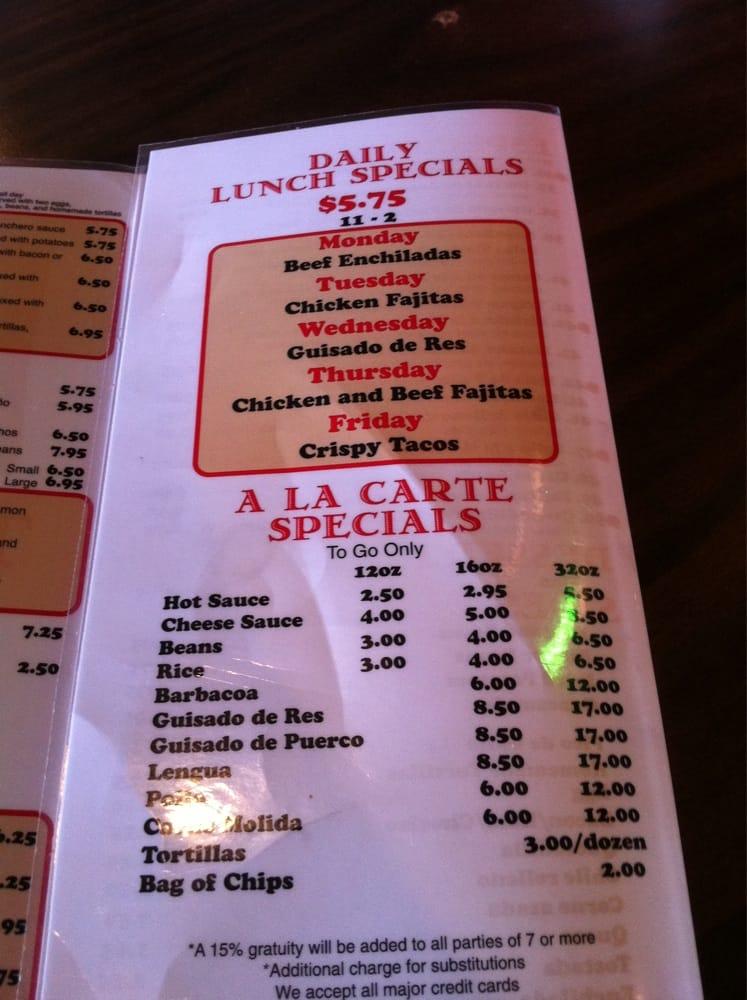 Menu at Tipico's restaurant, Dallas