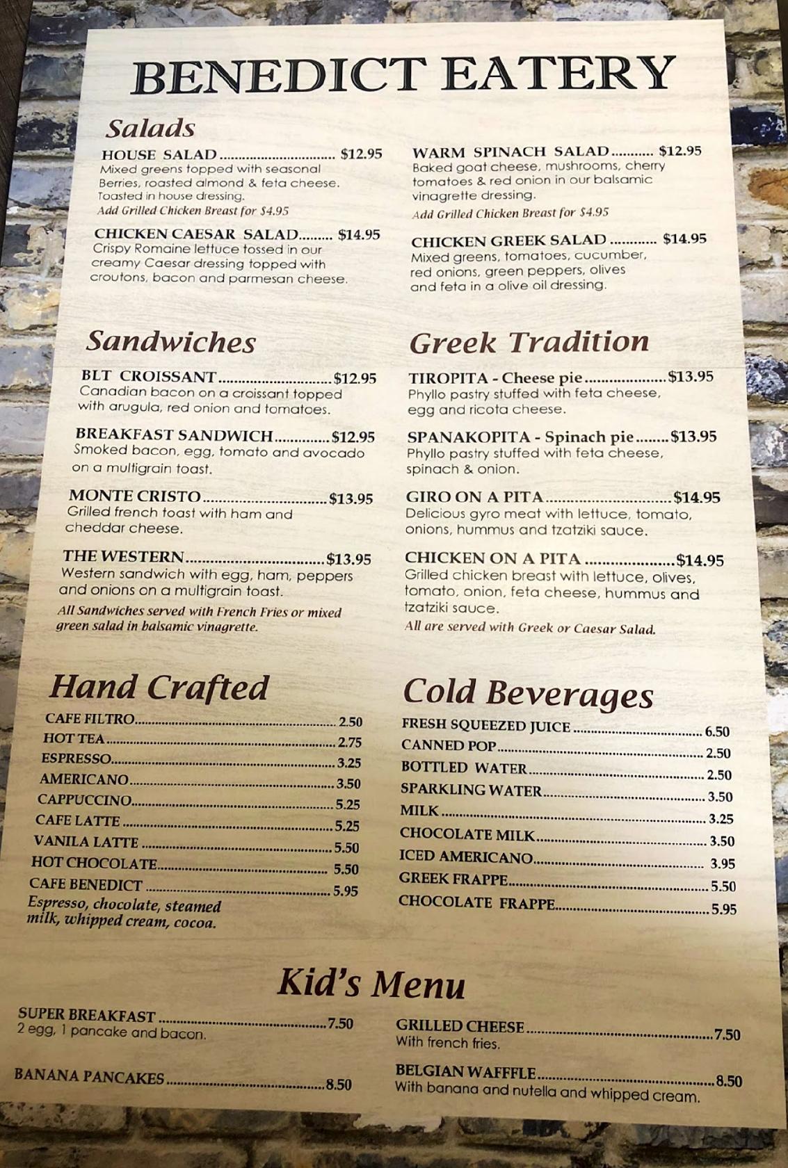 Menu at Benedict Eatery restaurant, Burlington