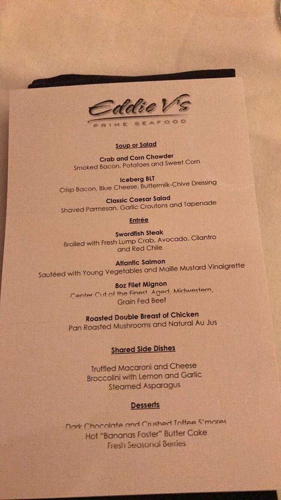 Menu at Eddie V's Prime Seafood steakhouse, Dallas