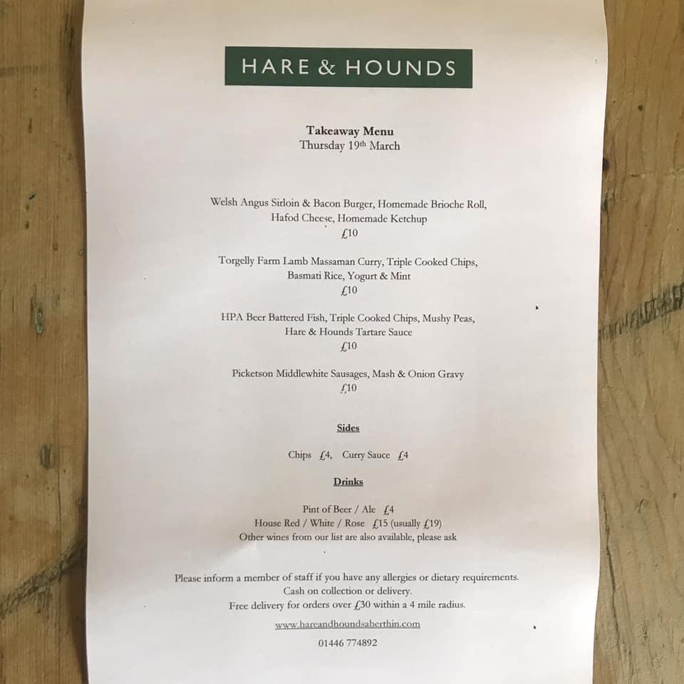 Menu at Hare & Hounds pub & bar, Cowbridge