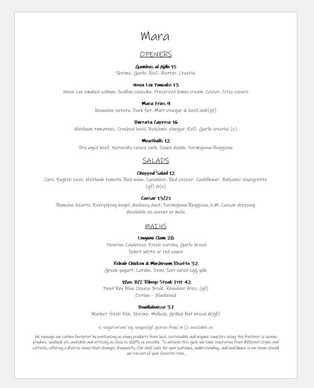 Menu at Mara steakhouse, Twentynine Palms