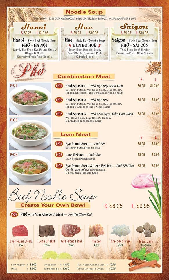 Menu at Mr. Pho restaurant, Charlotte