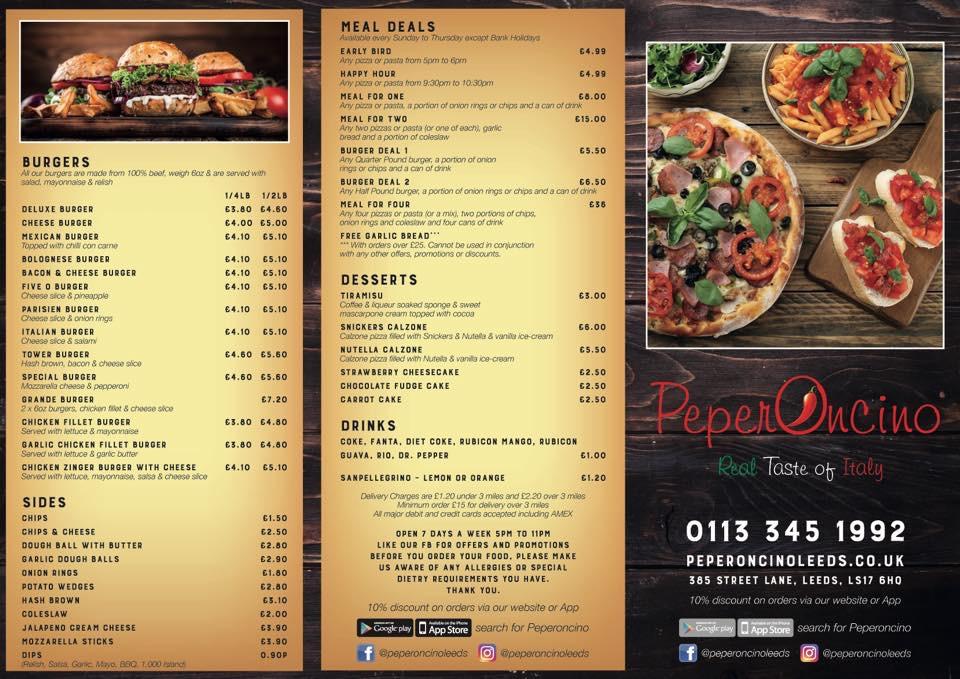 Menu at Peperoncino restaurant, Leeds
