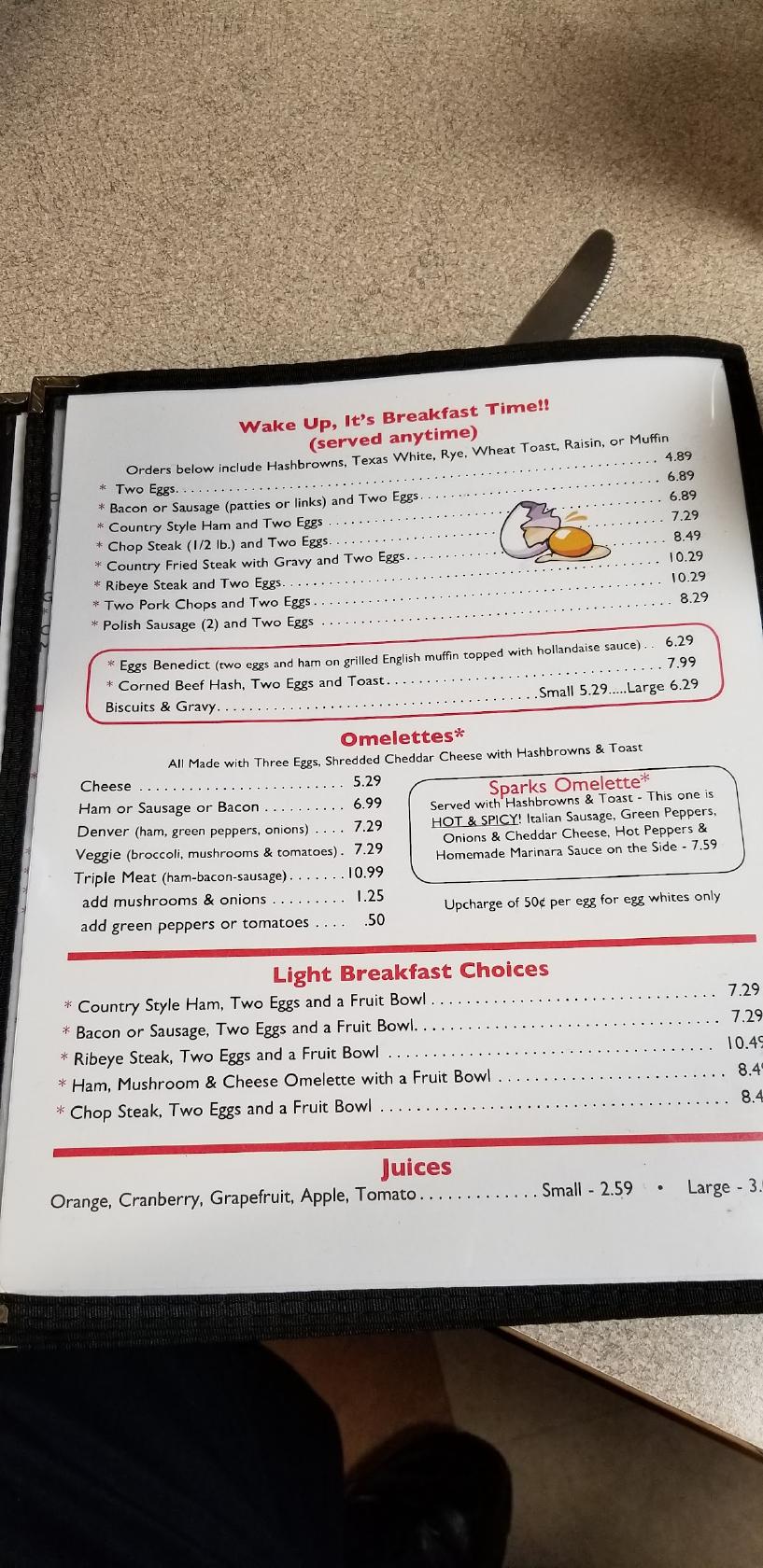 Menu at Sparks Grill restaurant, Montello