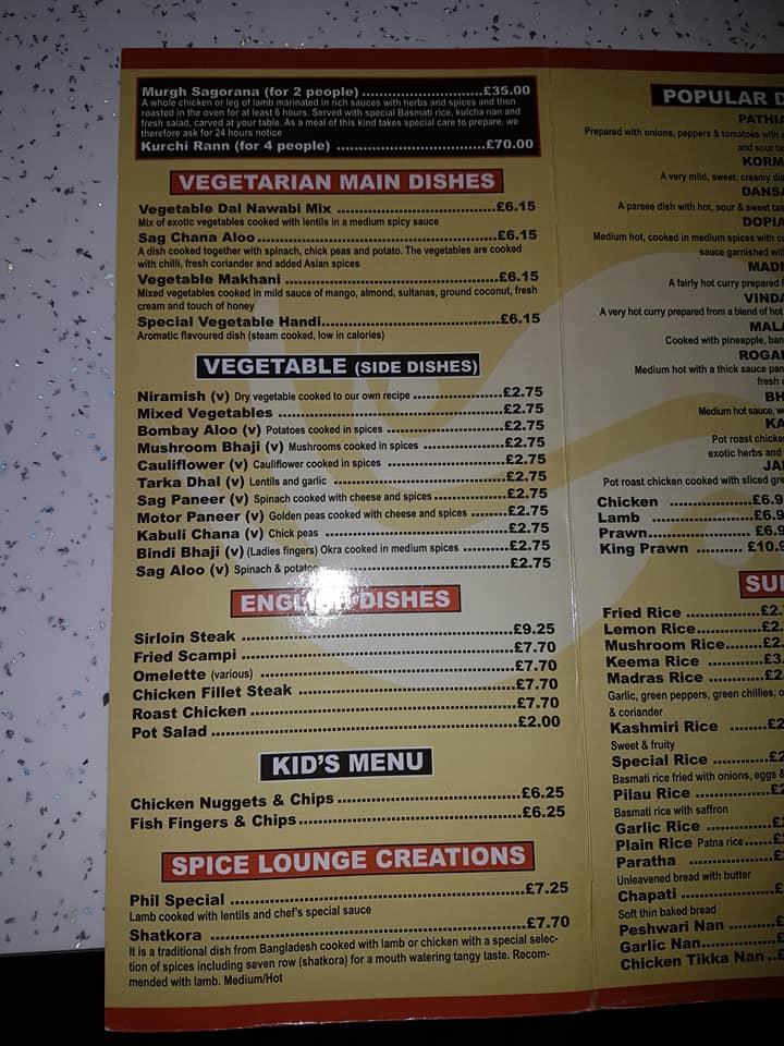 Menu at Spice Lounge restaurant, Swinton