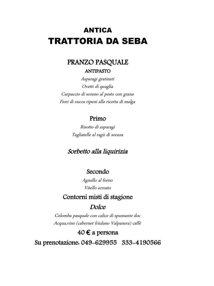 Menu at Trattoria da Seba restaurant, Vigonza