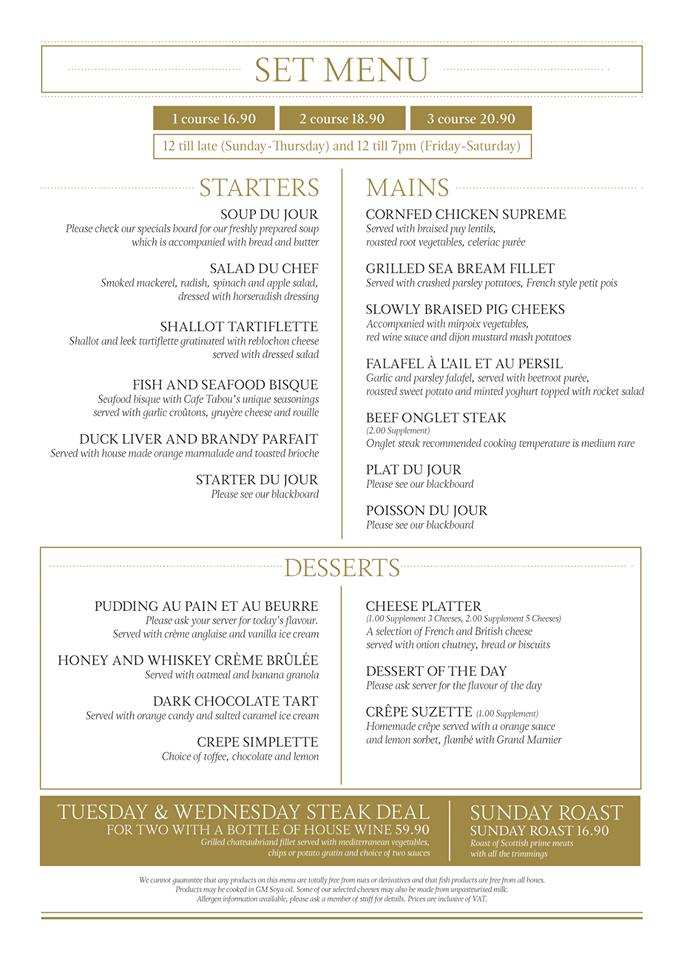 Menu at Cafe Tabou, Perth