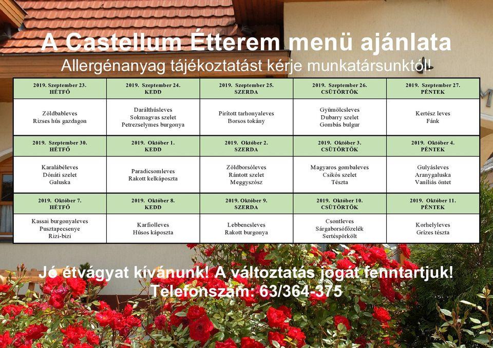 Menu at Castellum Restaurant Pension, Szegvár