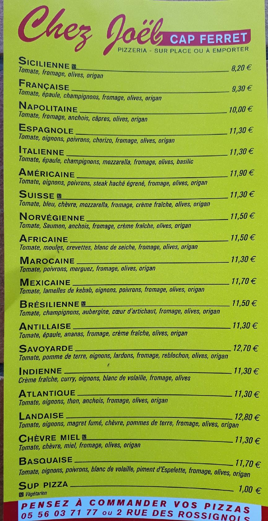 Menu at Chez Joël restaurant, Lège-Cap-Ferret