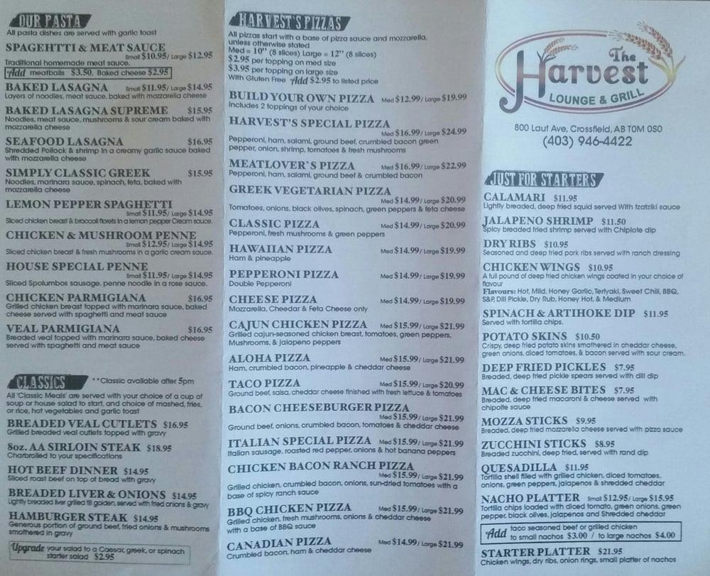 Menu at The Harvest Lounge & Grill pub & bar, Crossfield