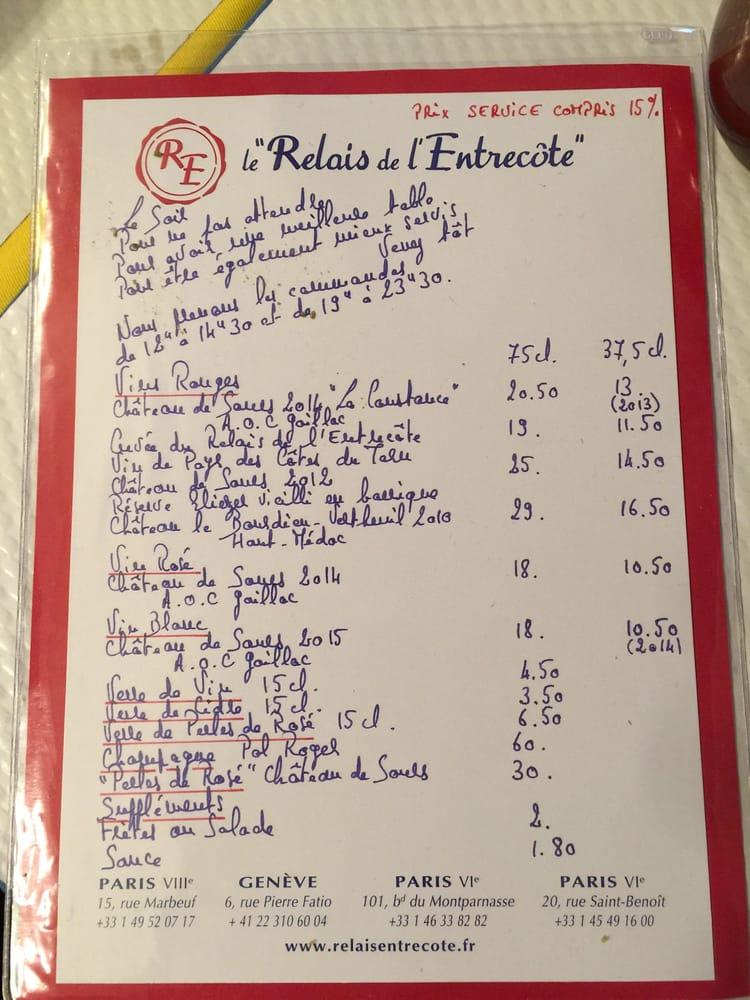 Carta de parrilla Le Relais de l’Entrecôte, Paris, 15 Rue Marbeuf