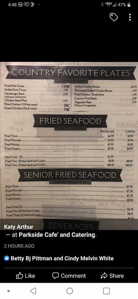 Menu at Parkside Cafe, Pine Level, U.S. Hwy 70A E