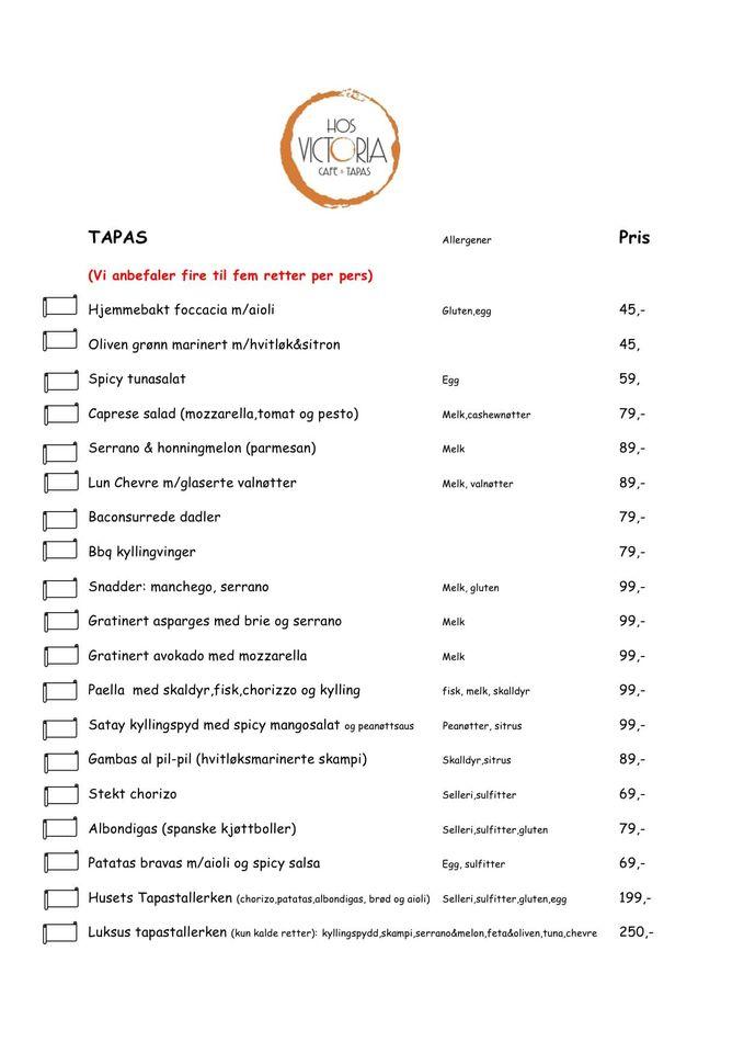 Menu at Victorias café & Tapas AS cafe, Oslo