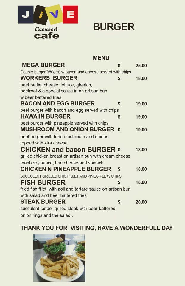 Menu at Jive Cafe, Kawerau