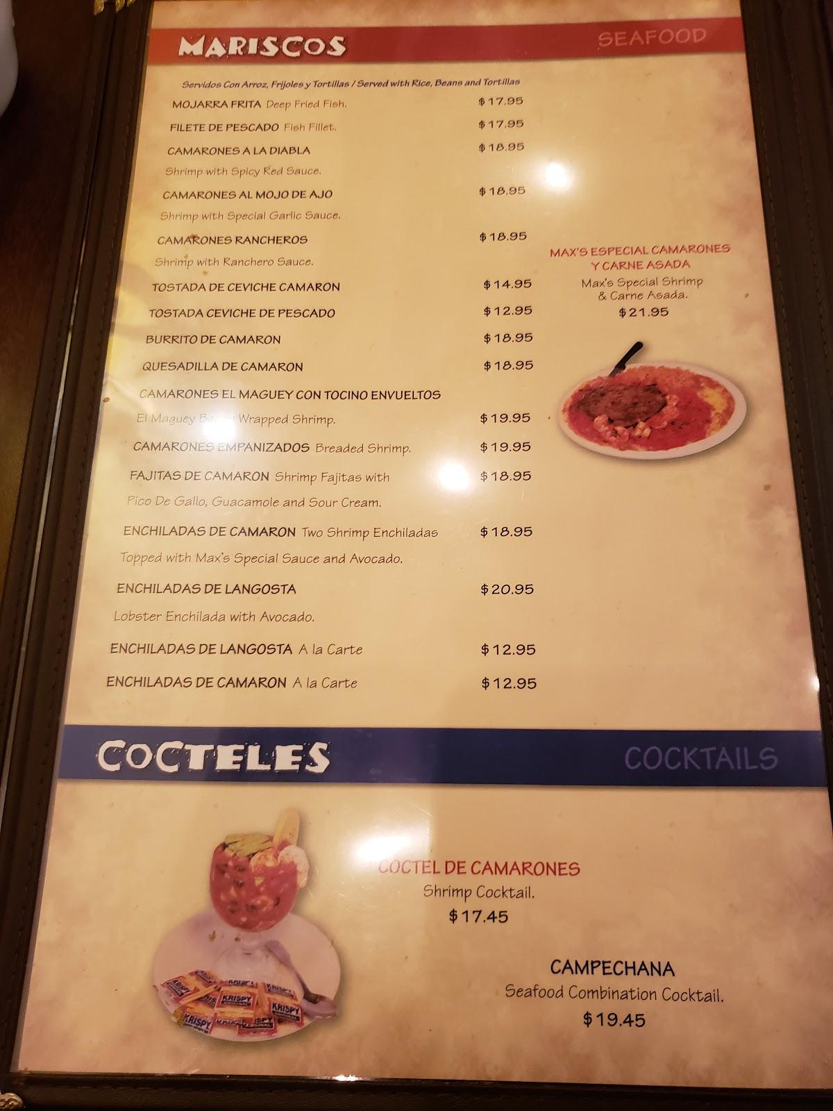 Menu at Max's Mexican Cuisine restaurant, Azusa
