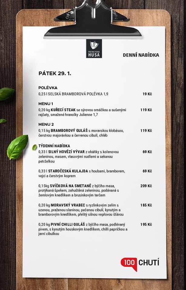 Menu at Potrefená Husa restaurant, Brno, Ve Vaňkovce 462