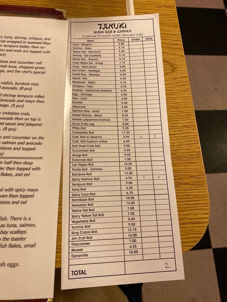 Menu at Tanuki Sushi Bar & Garden, Sierra Vista