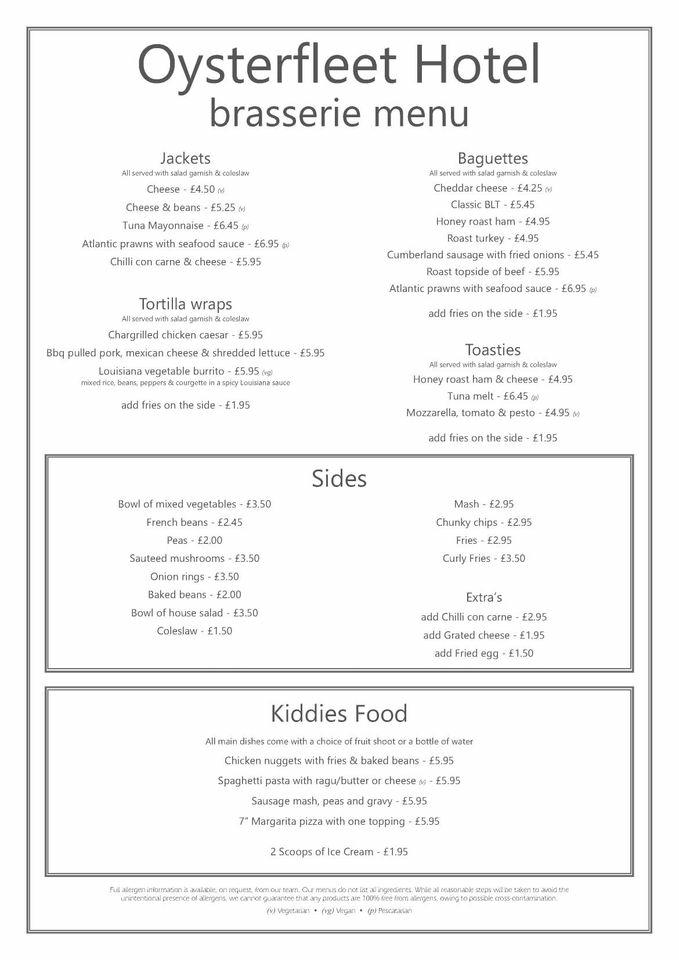 Menu at The Oysterfleet Hotel, Restaurant & Bar, Canvey Island