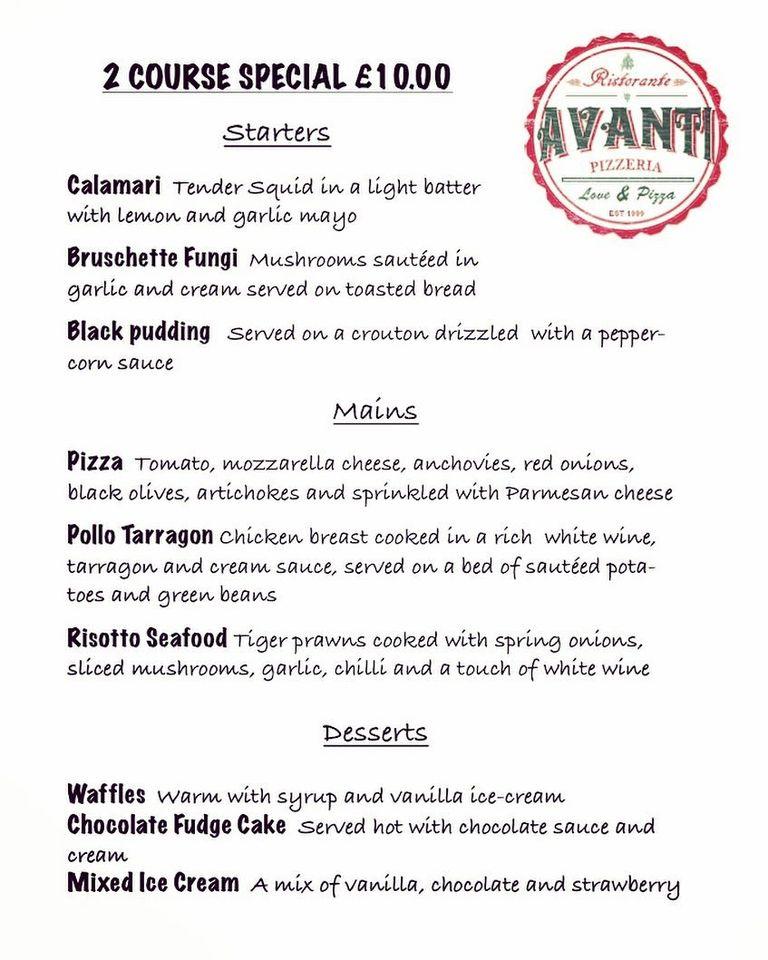 Menu at Avanti restaurant, Newcastle upon Tyne
