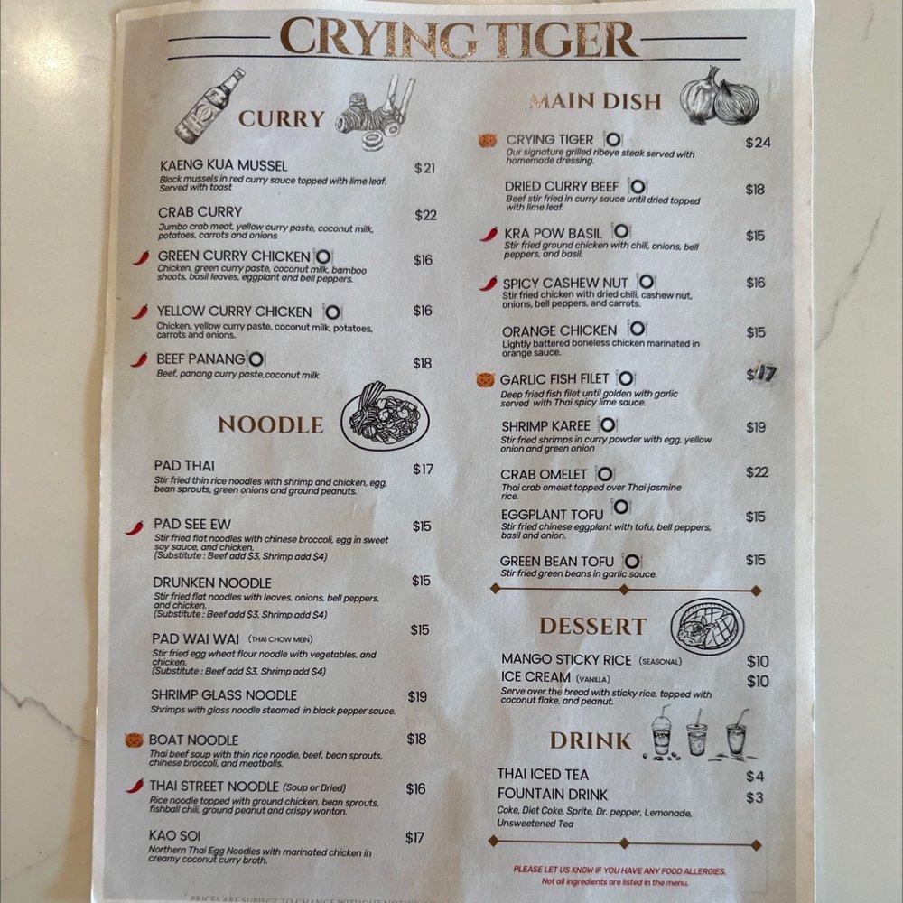 Menu at Crying Tiger Thai Bistro & Bar, Eastvale