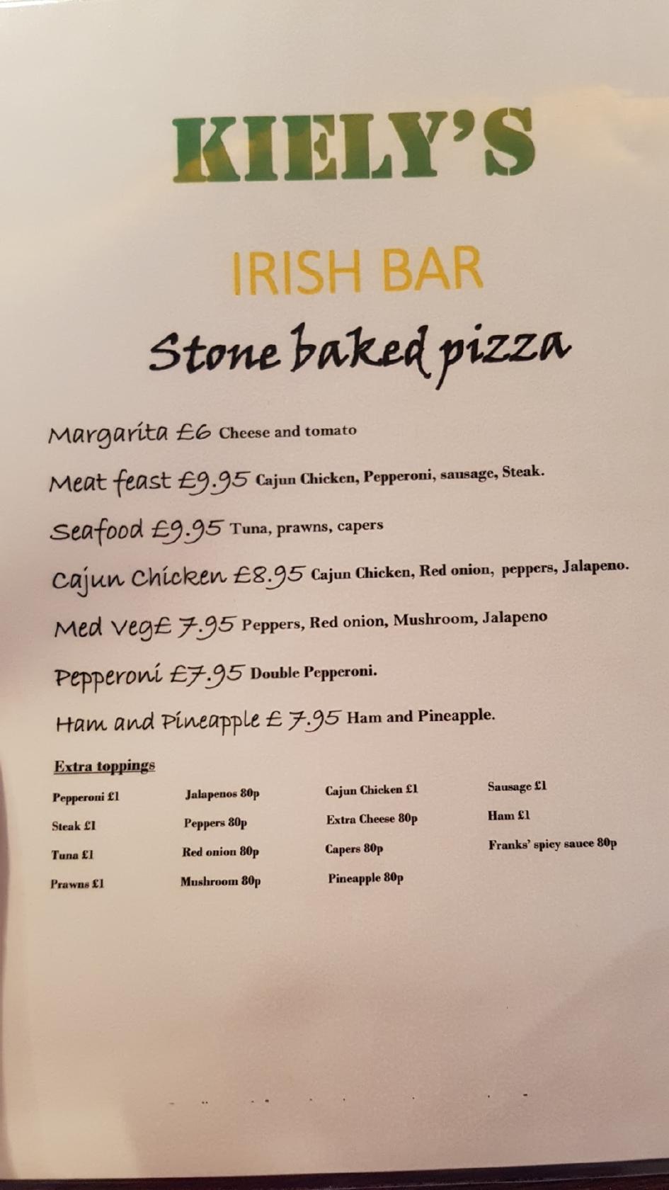 Menu at Kielys Irish Bar, Manchester