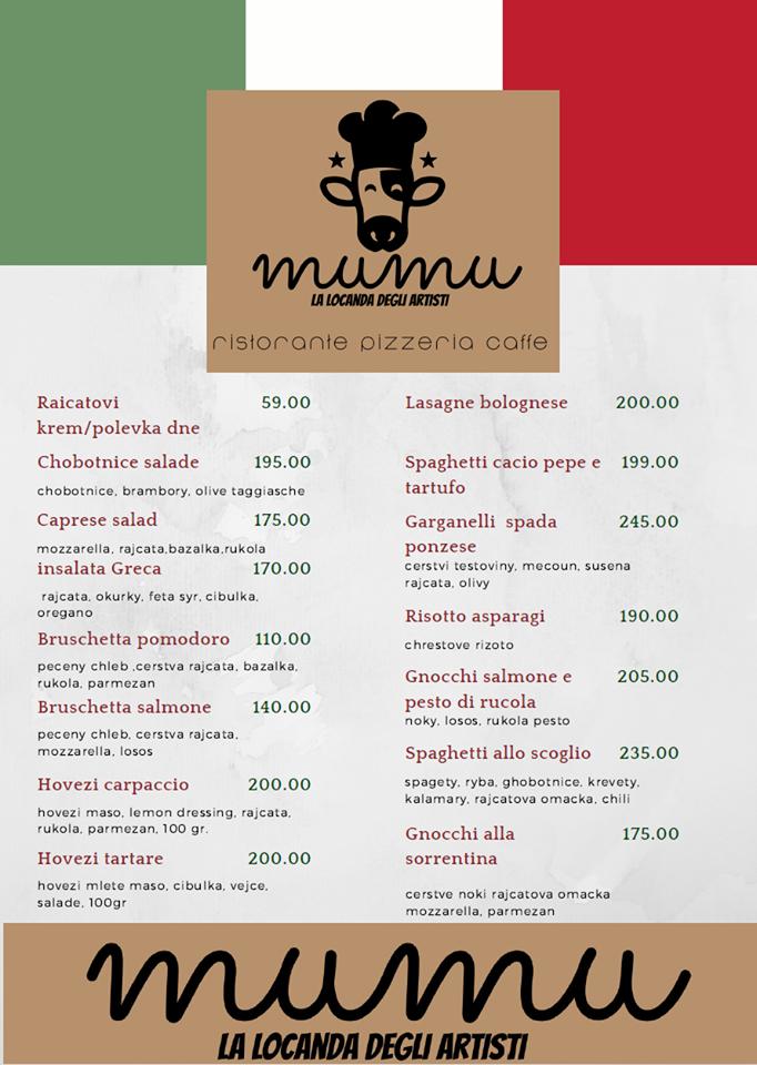 Menu at Mumu Locanda restaurant, Tuchoměřice