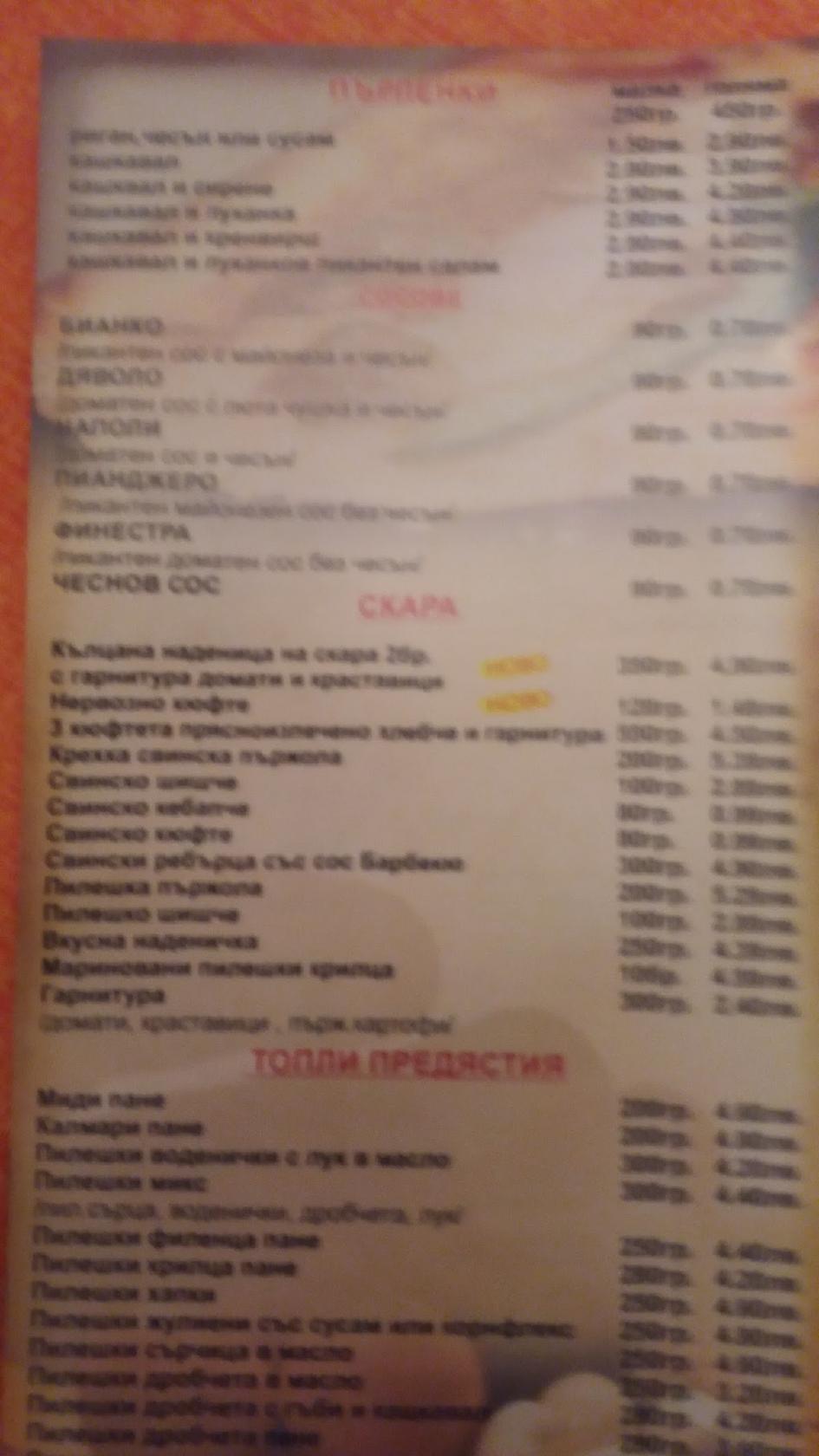 Carta del restaurante Пицария Вивере, Tărgovište