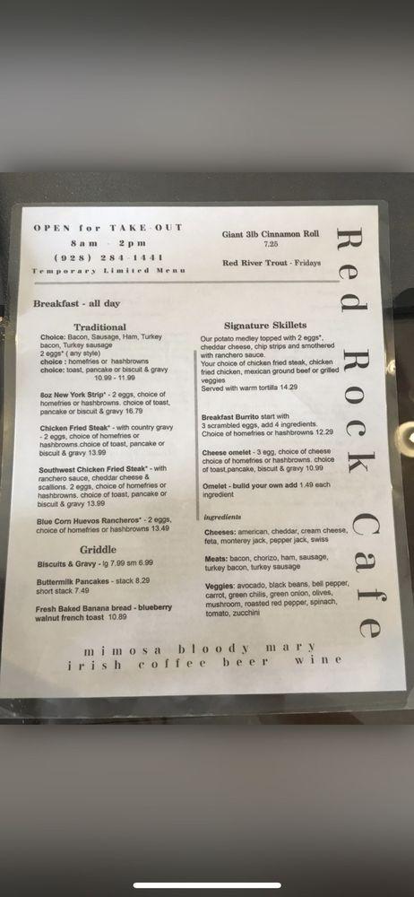 Menu at Red Rock Cafe, Sedona, 100 Verde Valley School Rd #107